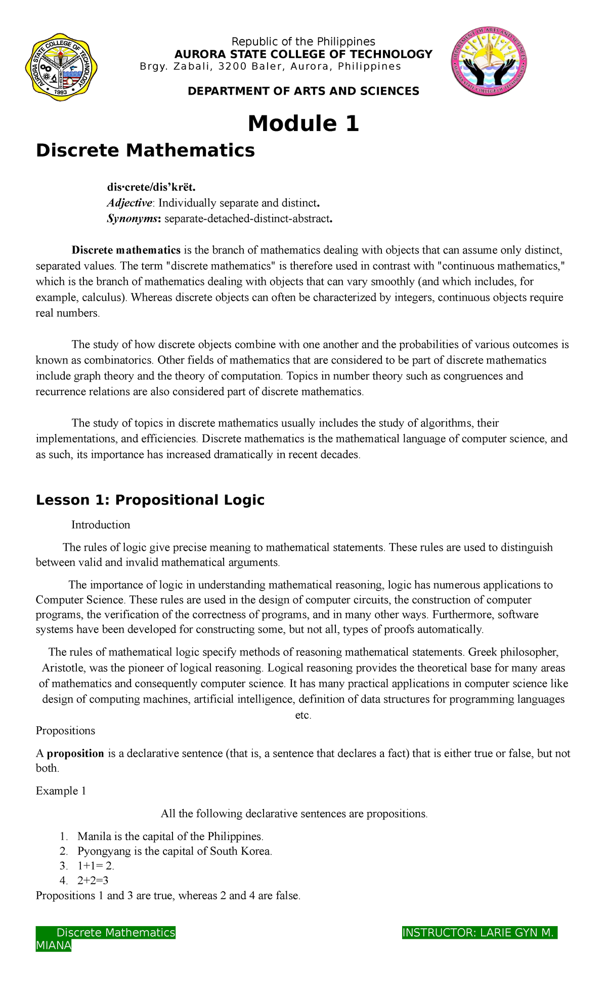 Module 1 Propositional Logic - AURORA STATE COLLEGE OF TECHNOLOGY B rg y. Z a b a l i , 3 2 0 0 ...