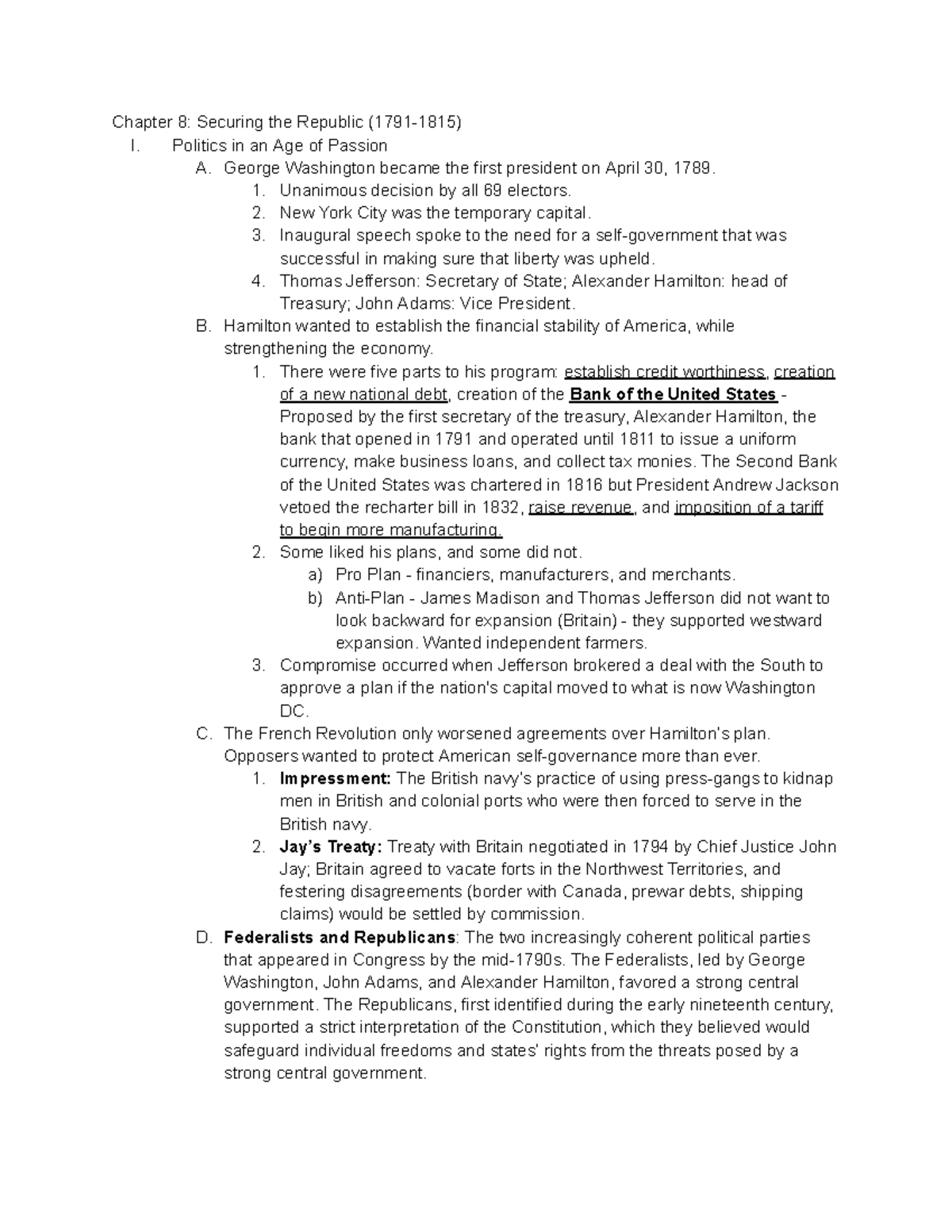 Chapter 8 Apush Notes - Chapter 8: Securing the Republic (1791-1815) I ...