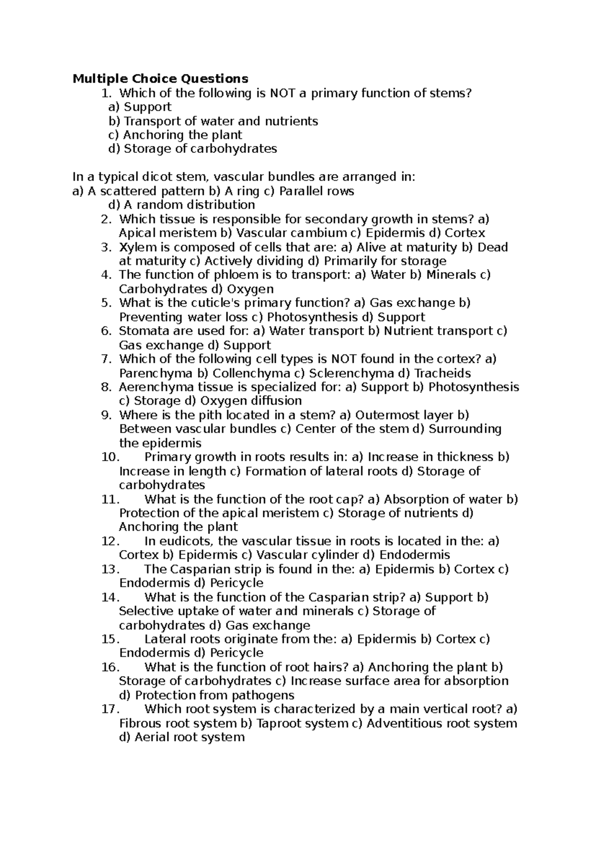 Practice Questions for Plant Biology (BIO 101) - Studocu