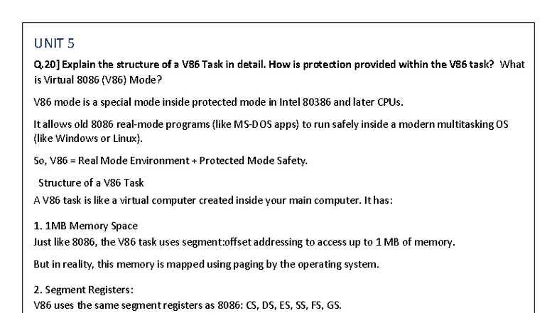 UNIT 5: Detailed Analysis of Virtual 8086 (V86) Mode and Task ...