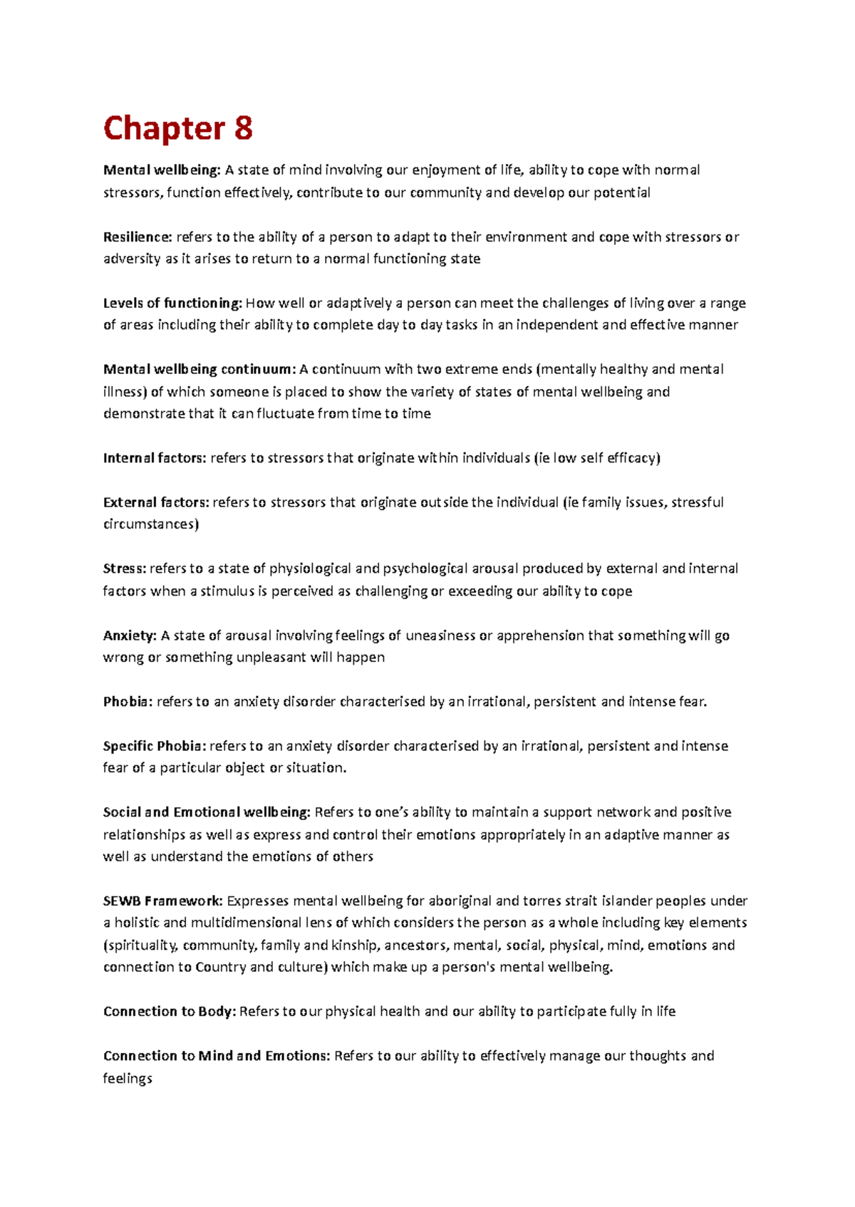 Chapter 8 & 10 Mental Wellbeing: Key Concepts & Definitions (U4 AOS2 ...