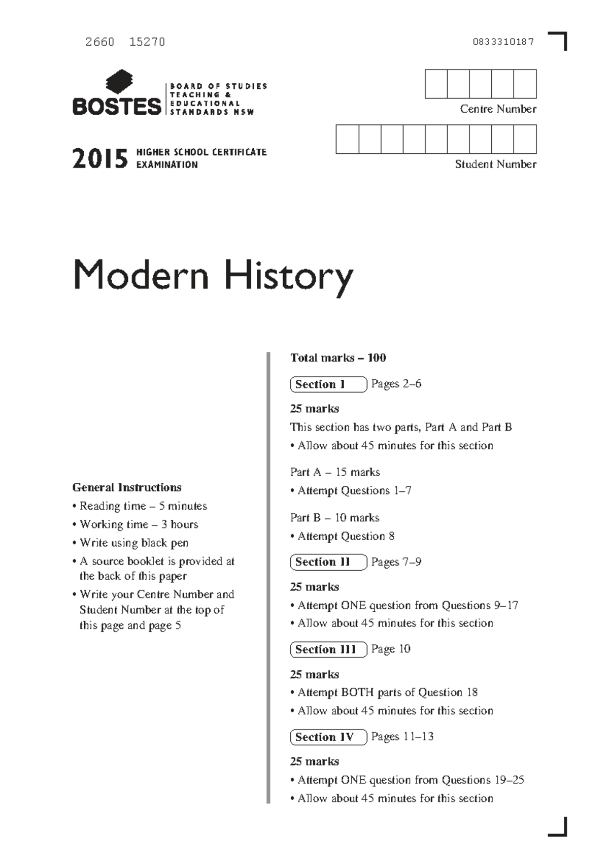 2015 HSC Modern History Exam - Centre Number 2660 - Studocu