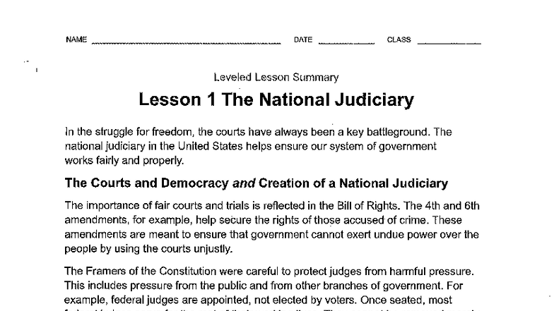Leveled Lesson Summary: The National Judiciary and Supreme Court - Studocu