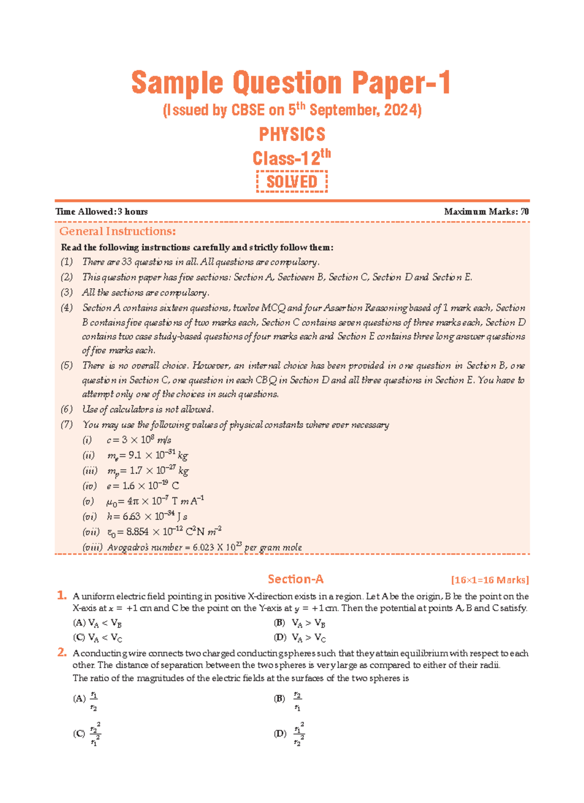 PHYSICS Class-12 Sample Question Paper (September 2024) - Studocu