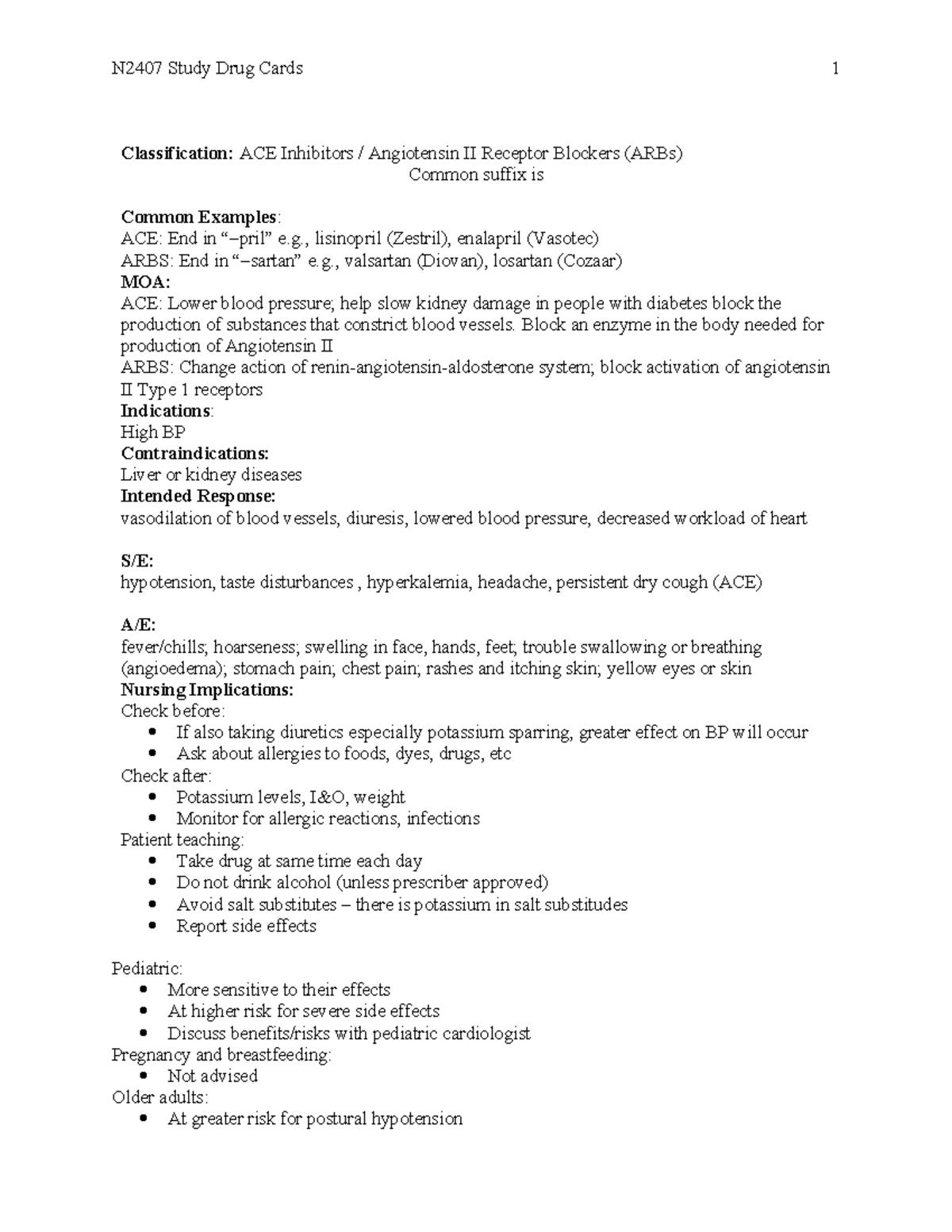 N2407 Drug Card: ACE Inhibitors & ARBs Overview and Nursing ...