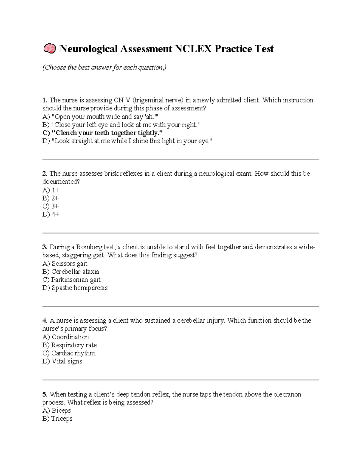 Neurological Assessment NCLEX Practice Test: Key Questions & Answers ...