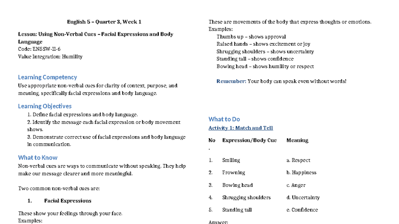 English 5 Q3W1 Lesson: Understanding Non-Verbal Cues - Studocu