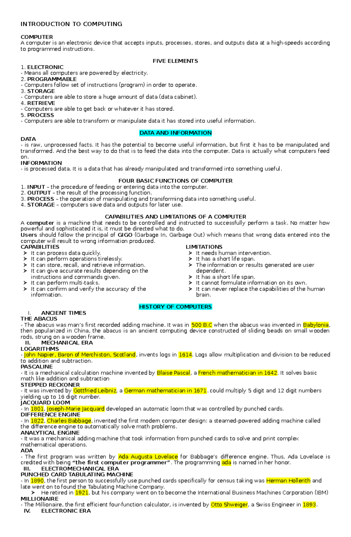 Introduction To Computing Itc101 Core Concepts And History Studocu