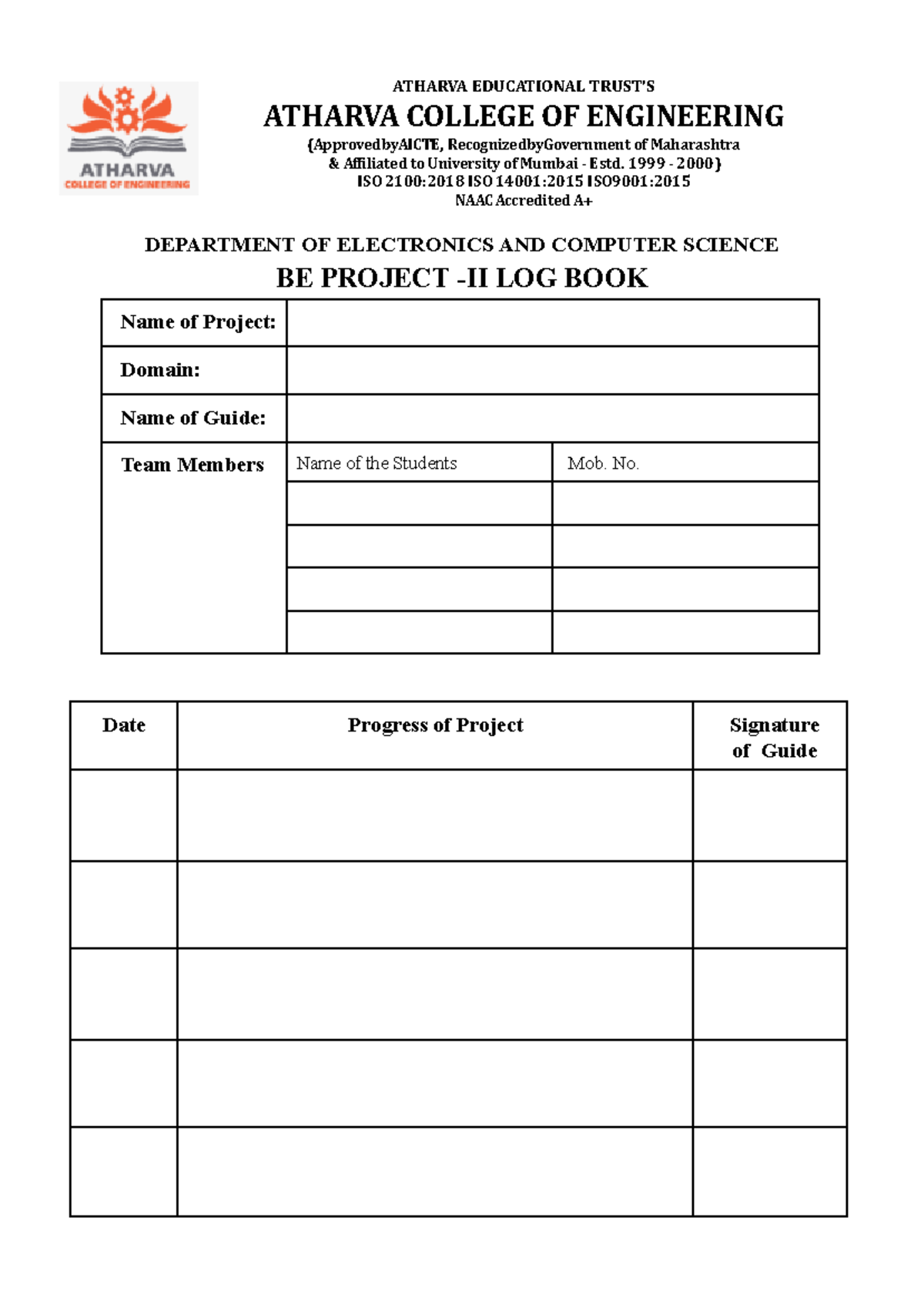 Project Log book Sem 8 - ATHARVA EDUCATIONAL TRUST'S ATHARVA COLLEGE OF ...