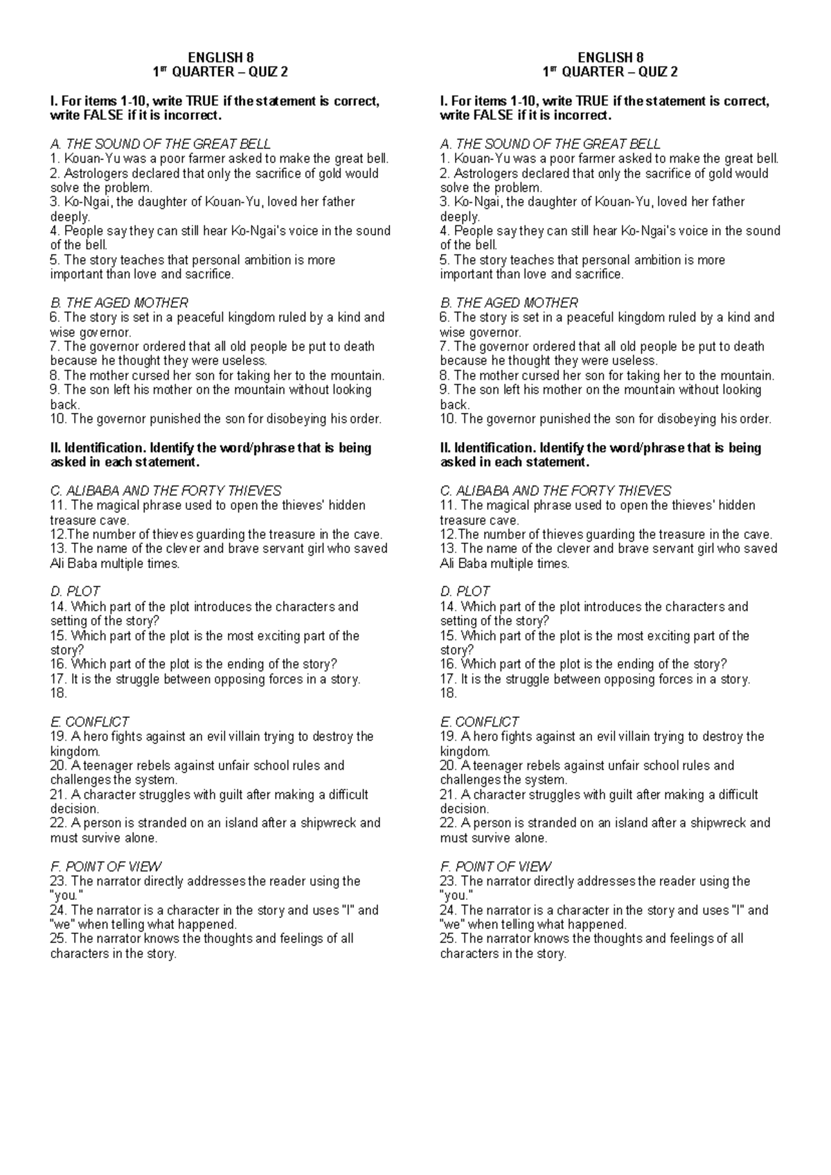 ENGLISH 8 1ST QUARTER QUIZ 2 - TRUE/FALSE & IDENTIFICATION - Studocu