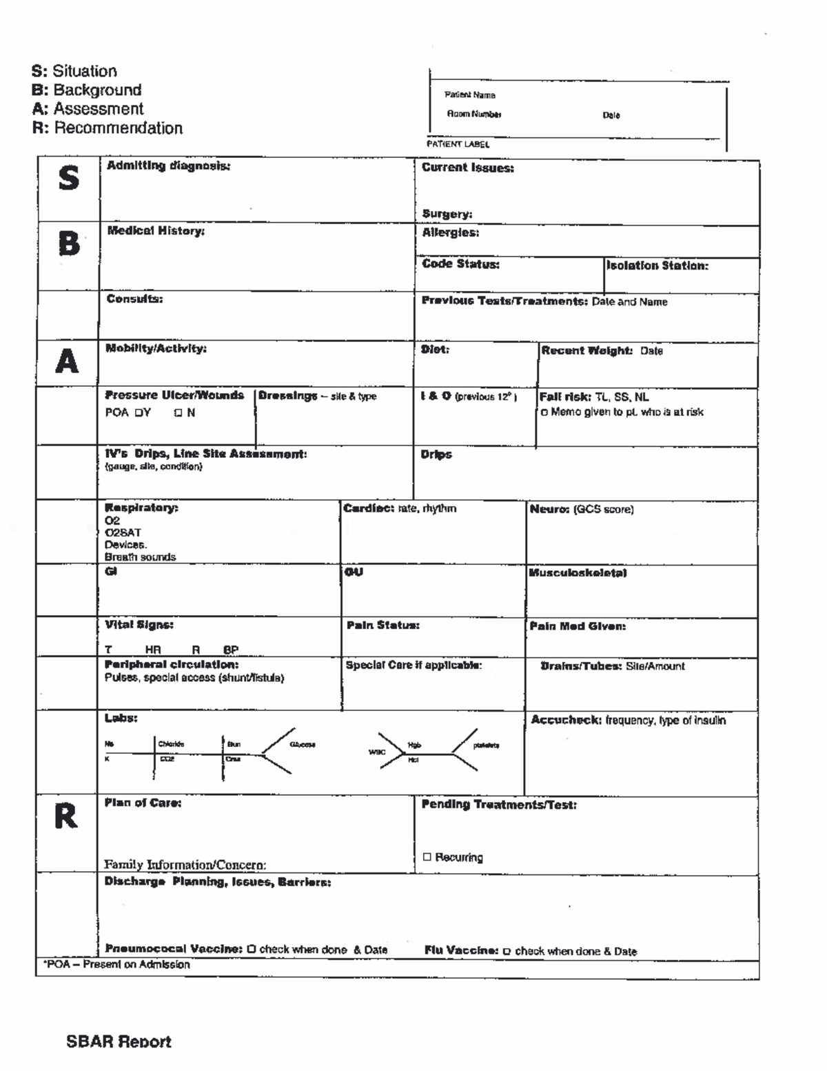 SBAR Form for Clinical - sbar - S: Situation B: Background Patient Name ...