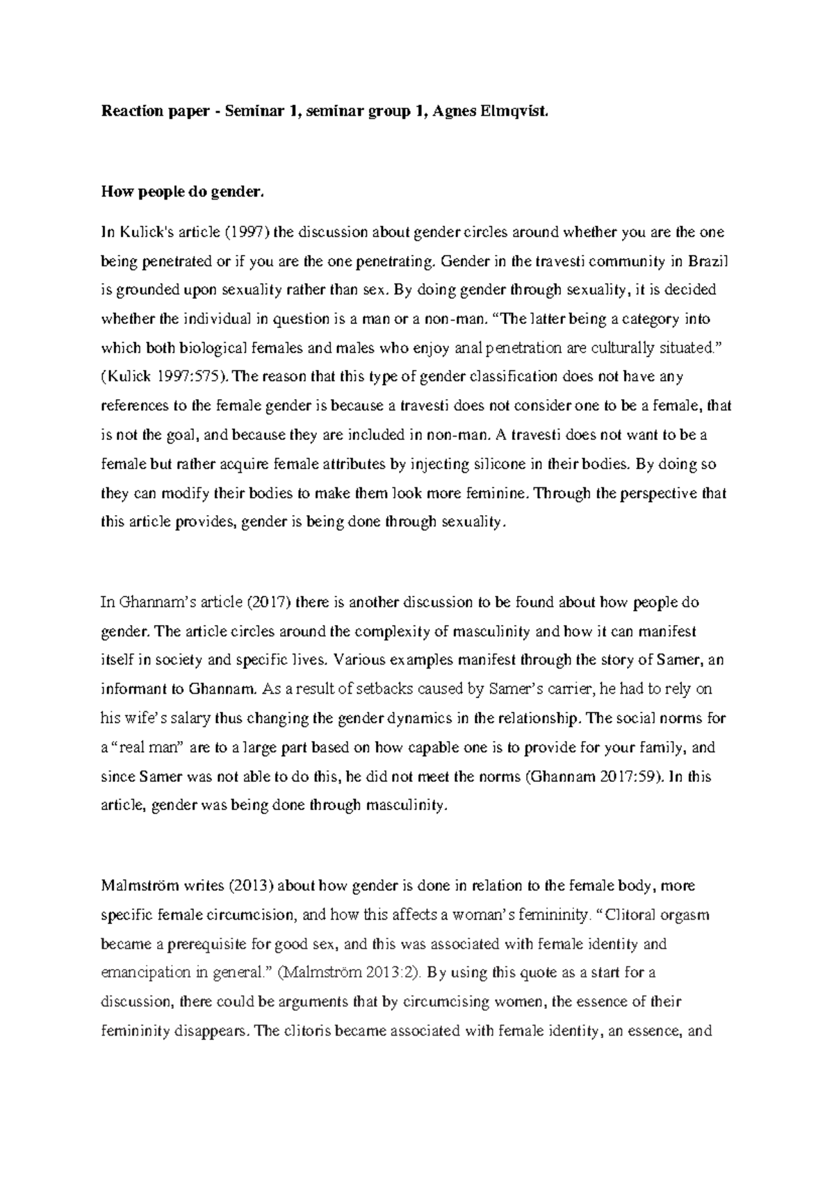 Gender and Sexuality: Reaction Paper for Seminar 1 (Group 1) - Studocu