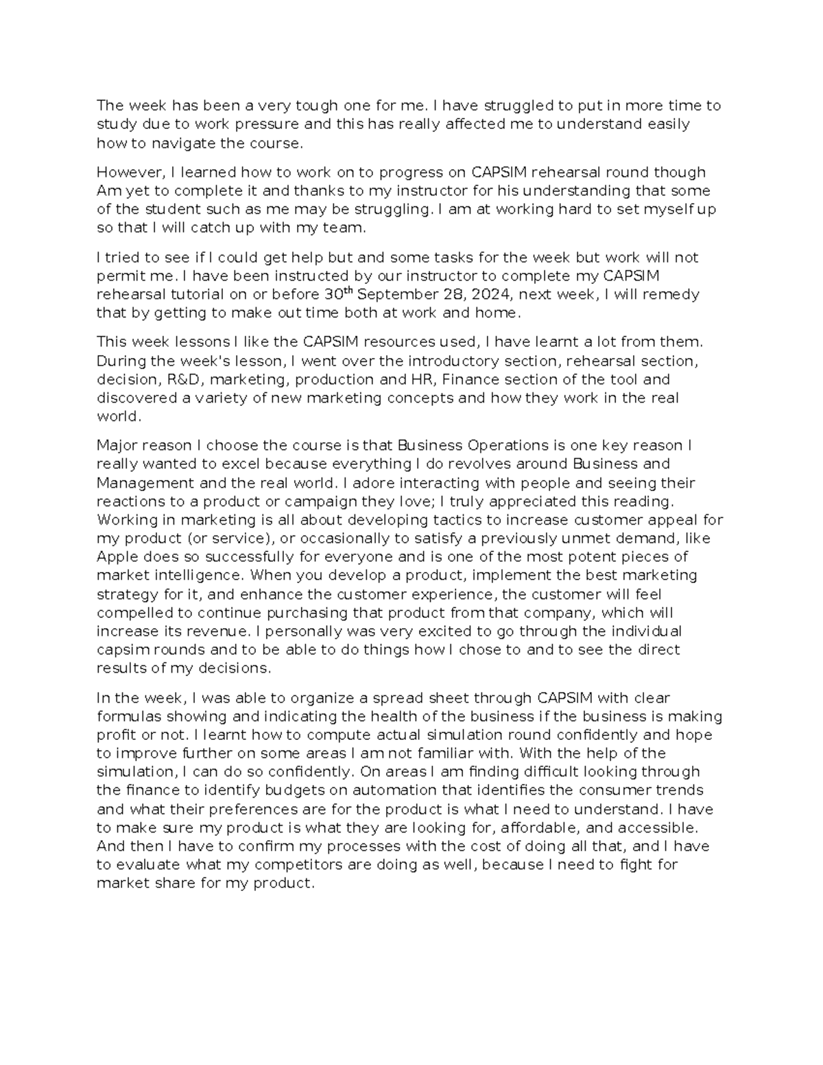 BA211 Weekly Reflection on Lessons Learned During CAPSIM Simulation - Studocu