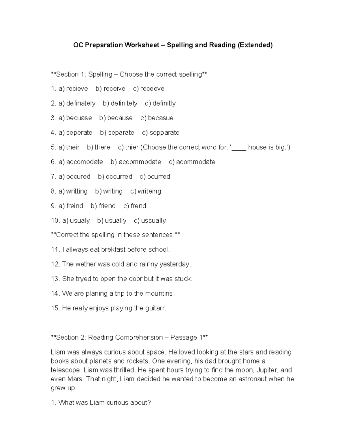 OC Spelling & Reading Prep Worksheet (Extended) - Studocu