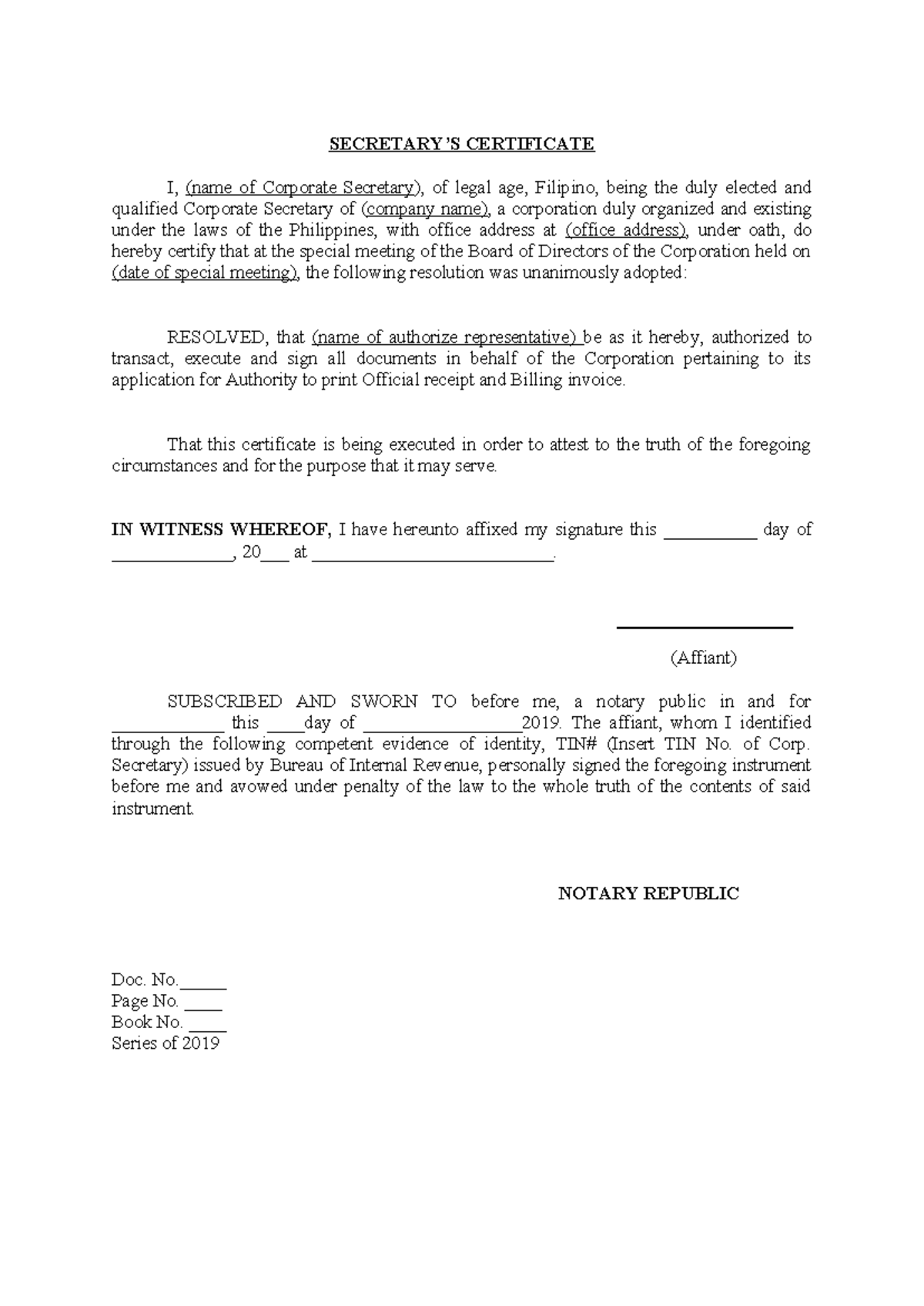 Corporate Secretary Certificate Template - Studocu