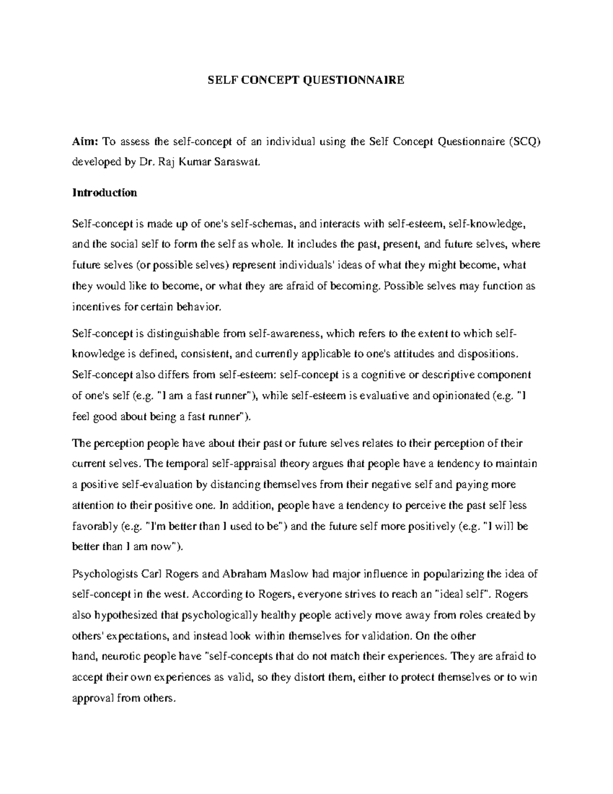 SCQ for Assessing Self-Concept: Comprehensive Overview and Instructions ...