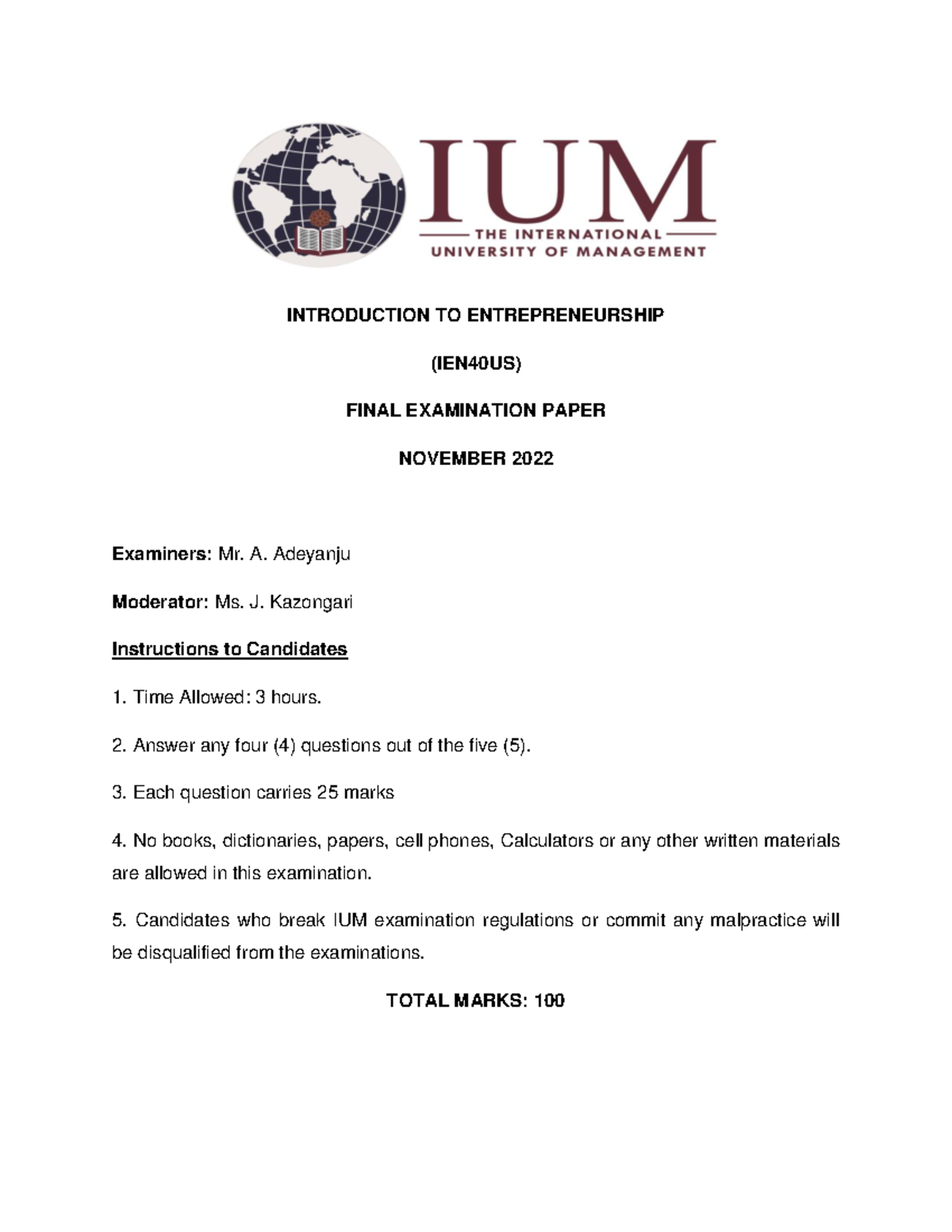 IEN40US Final Exam Paper - Introduction to Entrepreneurship Nov 2022 ...