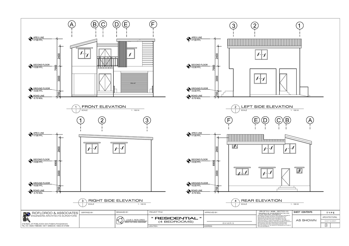 Architectural Drawings: Front, Right, Left, Rear Elevations (FL 2400 ...