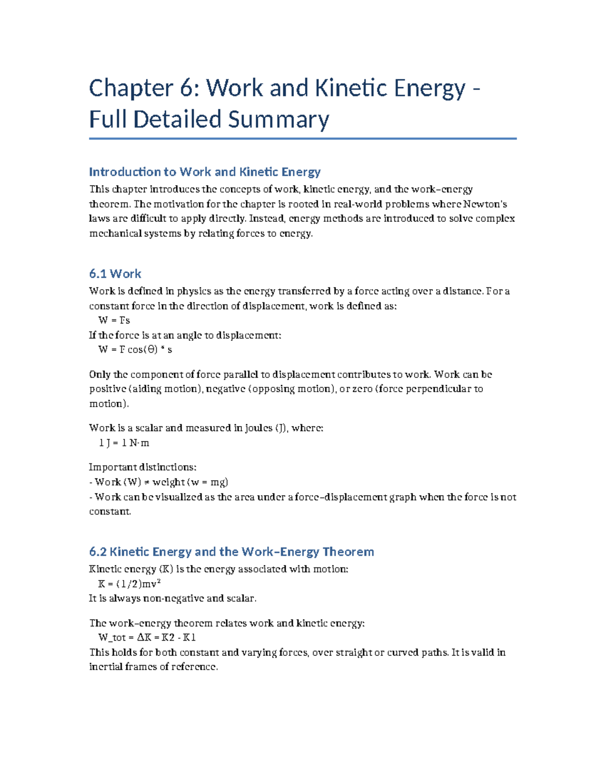 Chapter 6: Work and Kinetic Energy Detailed Summary - Studocu