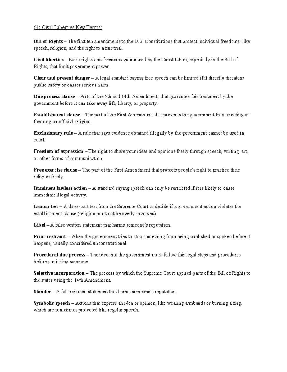 POSI 101 Exam 1 Study Guide: Civil Liberties & Civil Rights - Studocu