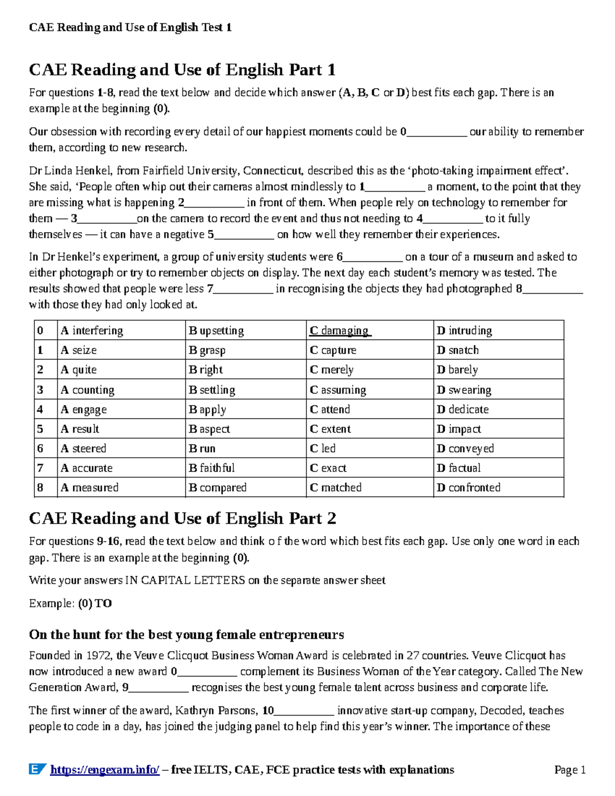 CAE Reading and Use of English Practice Test 1 (Printable, 2024 Edition ...