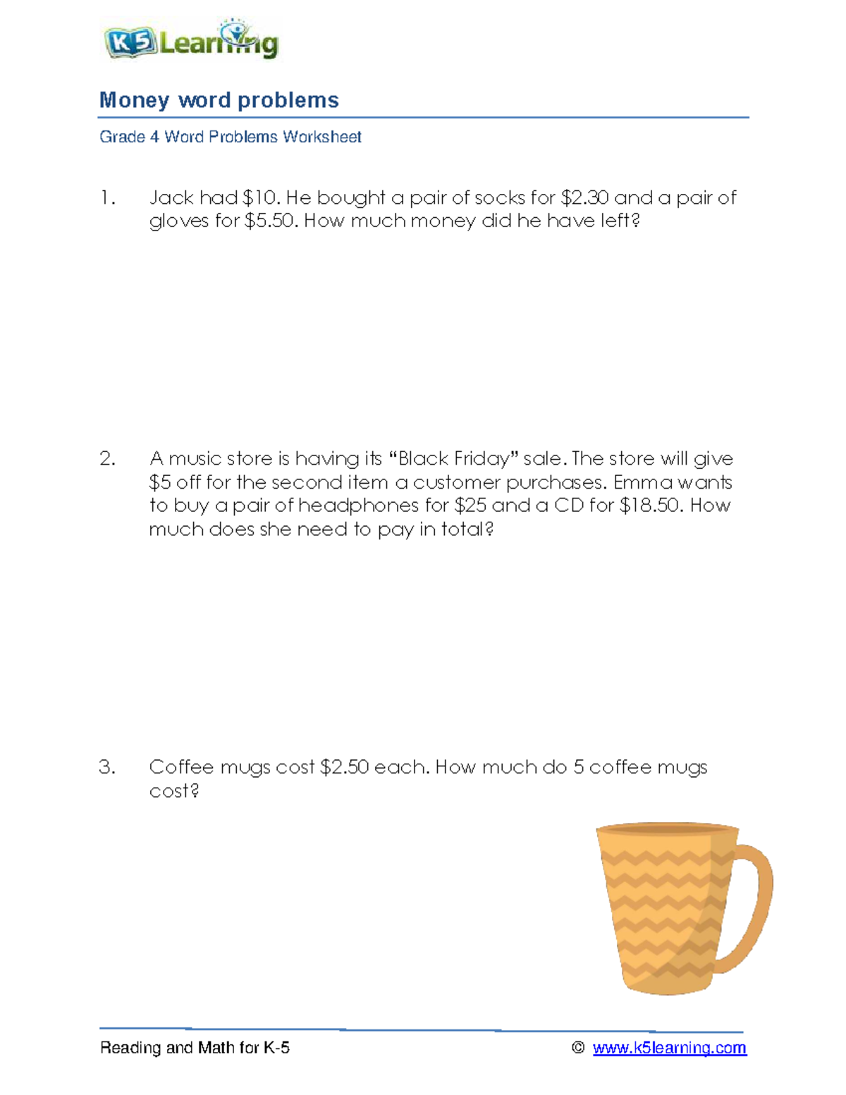 Grade 4 Money Word Problems Worksheet 1: Practice & Solutions - Studocu
