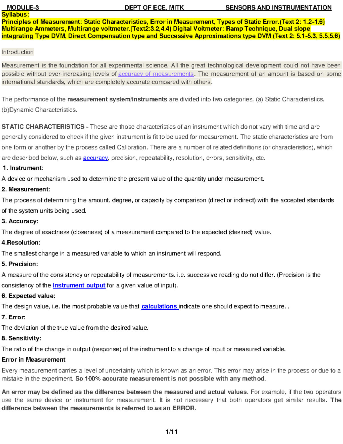 Module 3 Lecture Notes on Measurement Principles and Devices S&I - Studocu