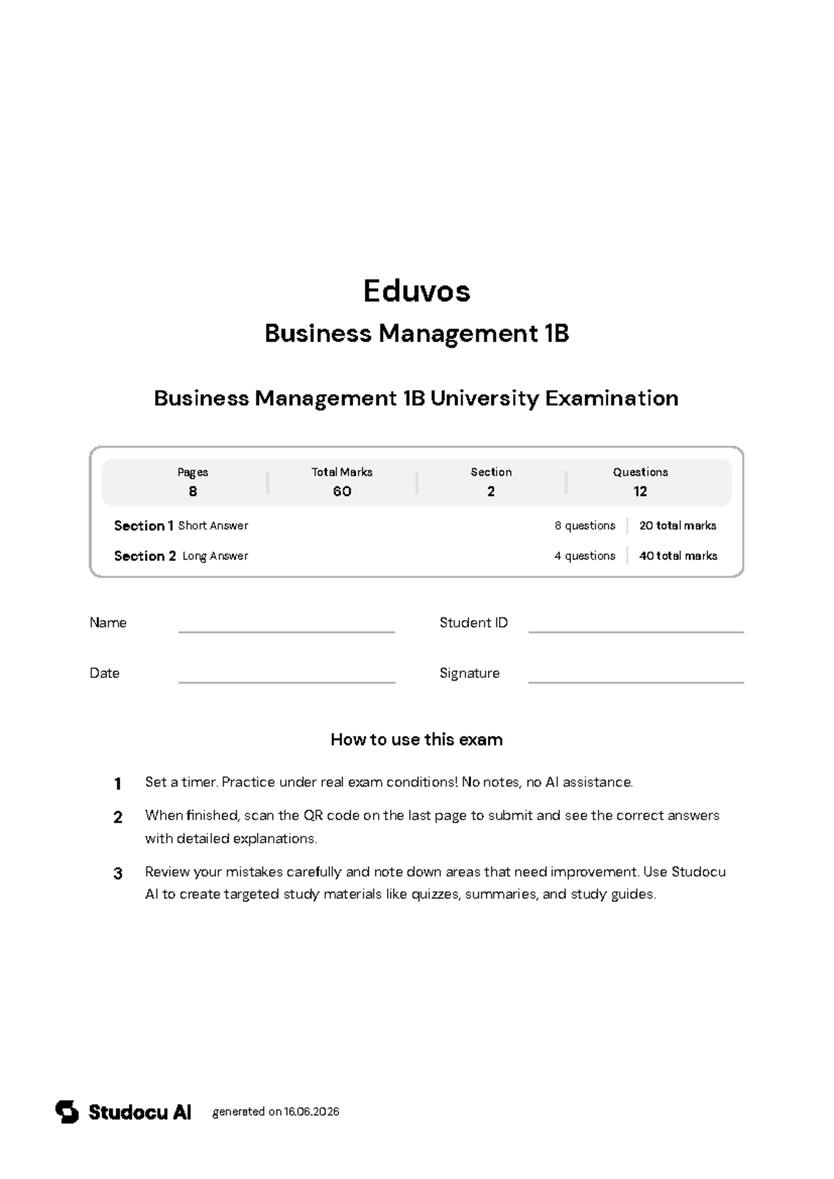 Business Management 1B Final Exam - Studocu