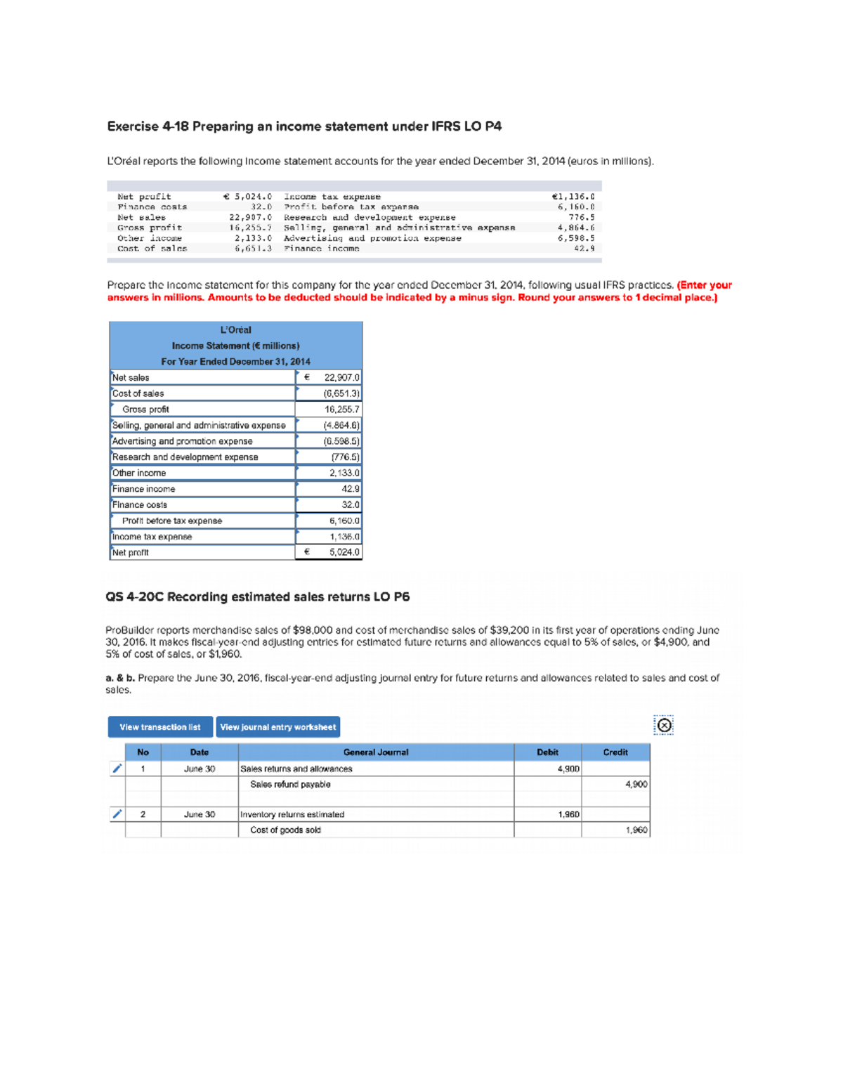 ACCT CH4 HW - Income Statement Preparation Under IFRS & Sales Returns ...