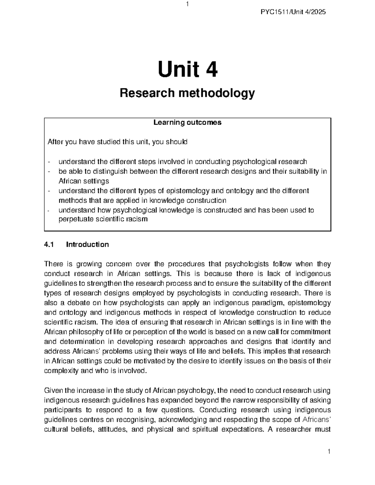 PYC1511 Unit 4: Research Methodology - Studocu