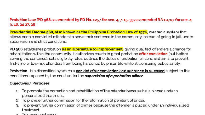 Probation Law Overview: PD 968 & RA 10707 Amendments - Studocu