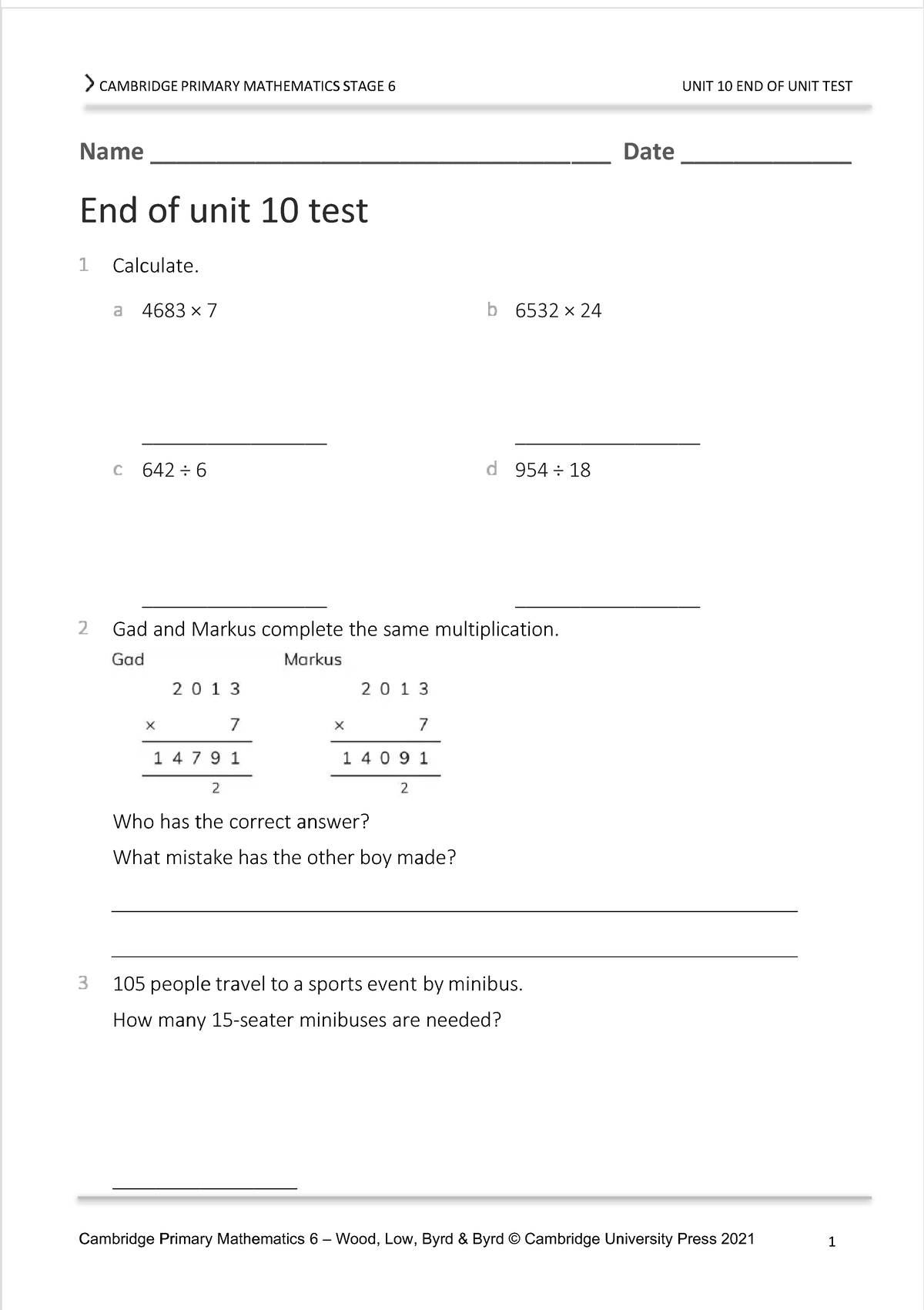 CAMBRIDGE PRIMARY MATHEMATICS STAGE 6 UNIT 10 END OF UNIT TEST - Studocu