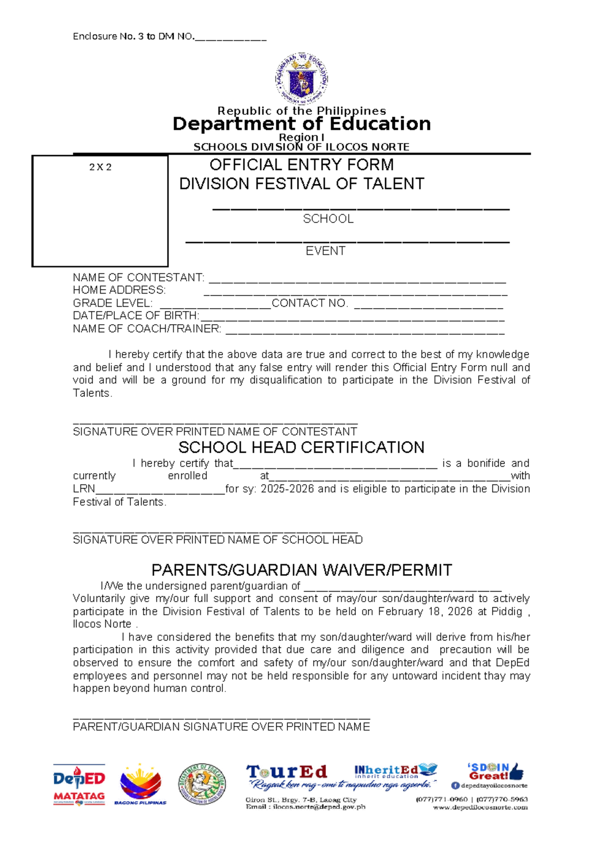 Official Entry Form for Division Festival of Talents (DFOT) - Studocu