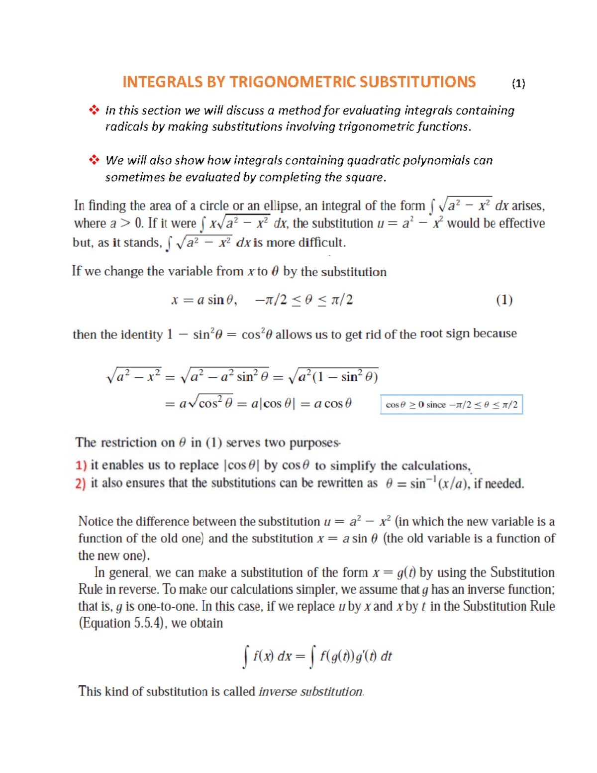 Lecture-3, Cal-II, Integrals by Trigonometric Substitution - Calculus ...