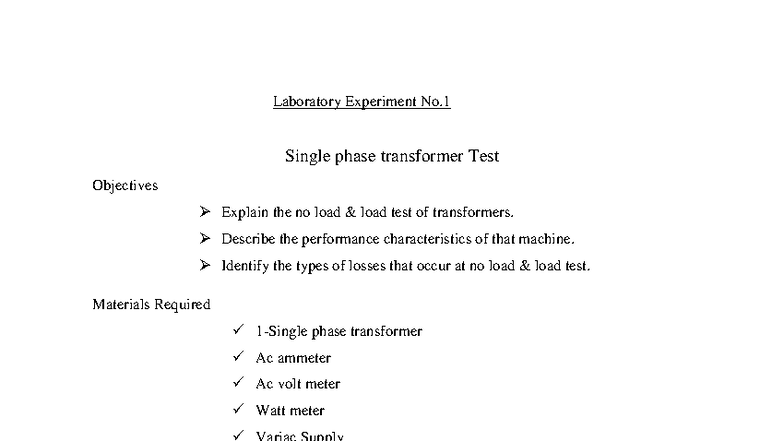 Laboratory Experiment No.1: Single Phase Transformer Tests and Analysis ...