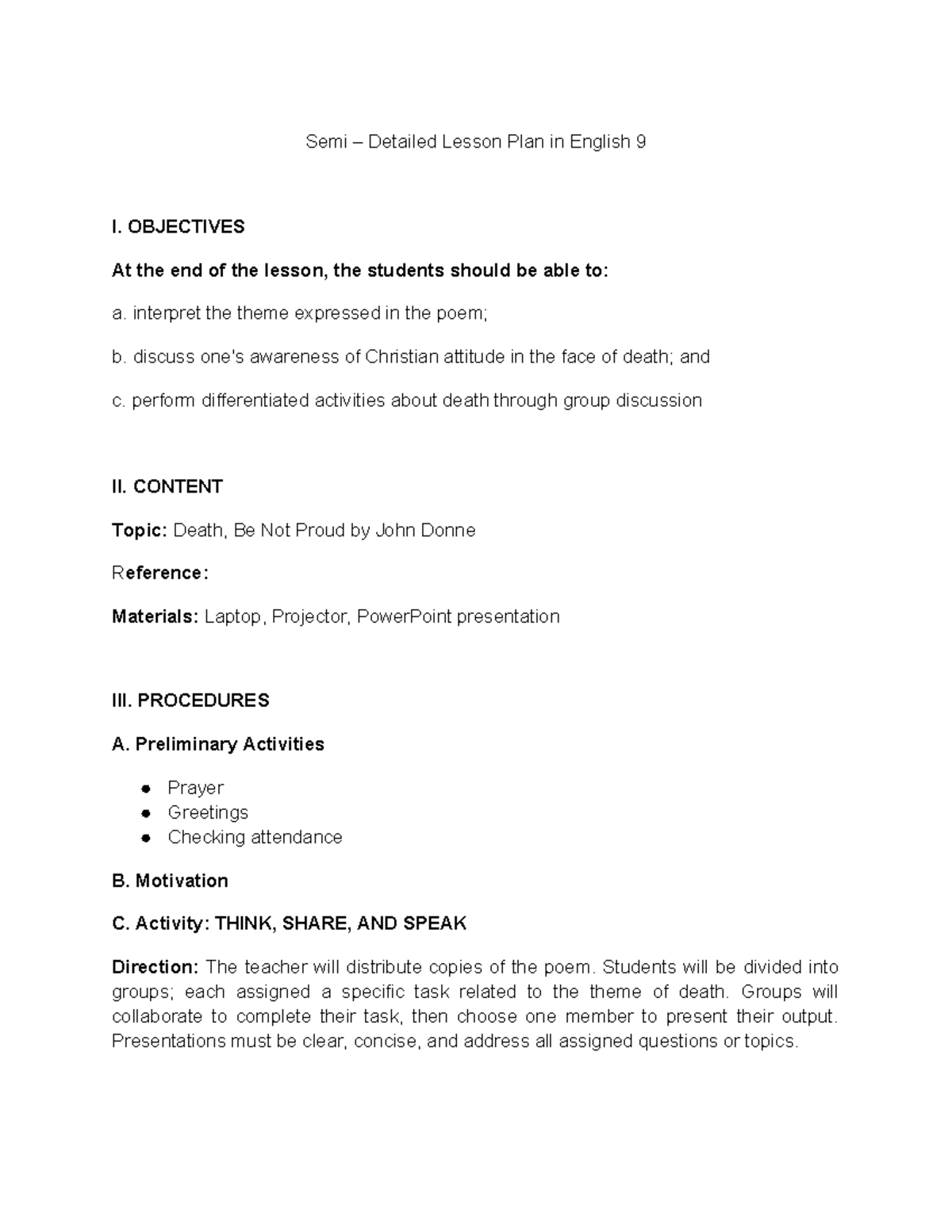 Semi-Detailed Lesson Plan: Exploring Death in English 9 - Studocu