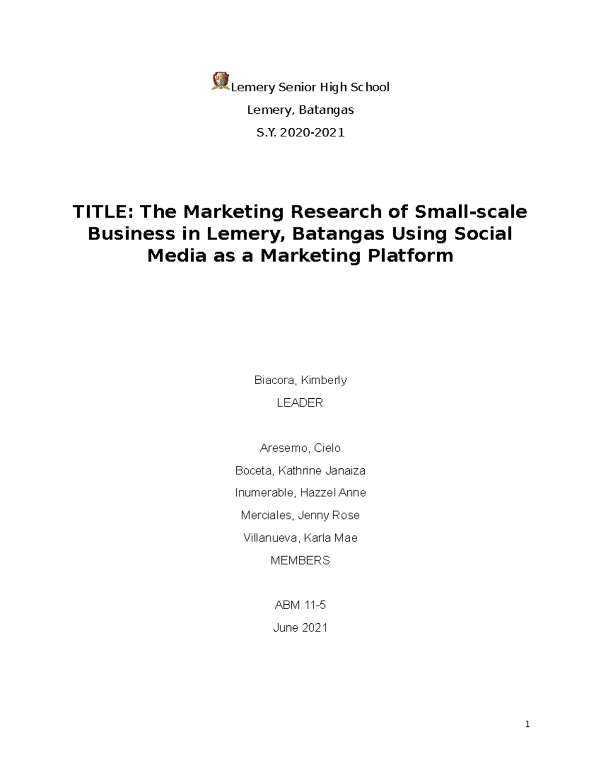 MINI Marketing Research 11 ABM 5 Group 2 - Lemery Senior High School ...