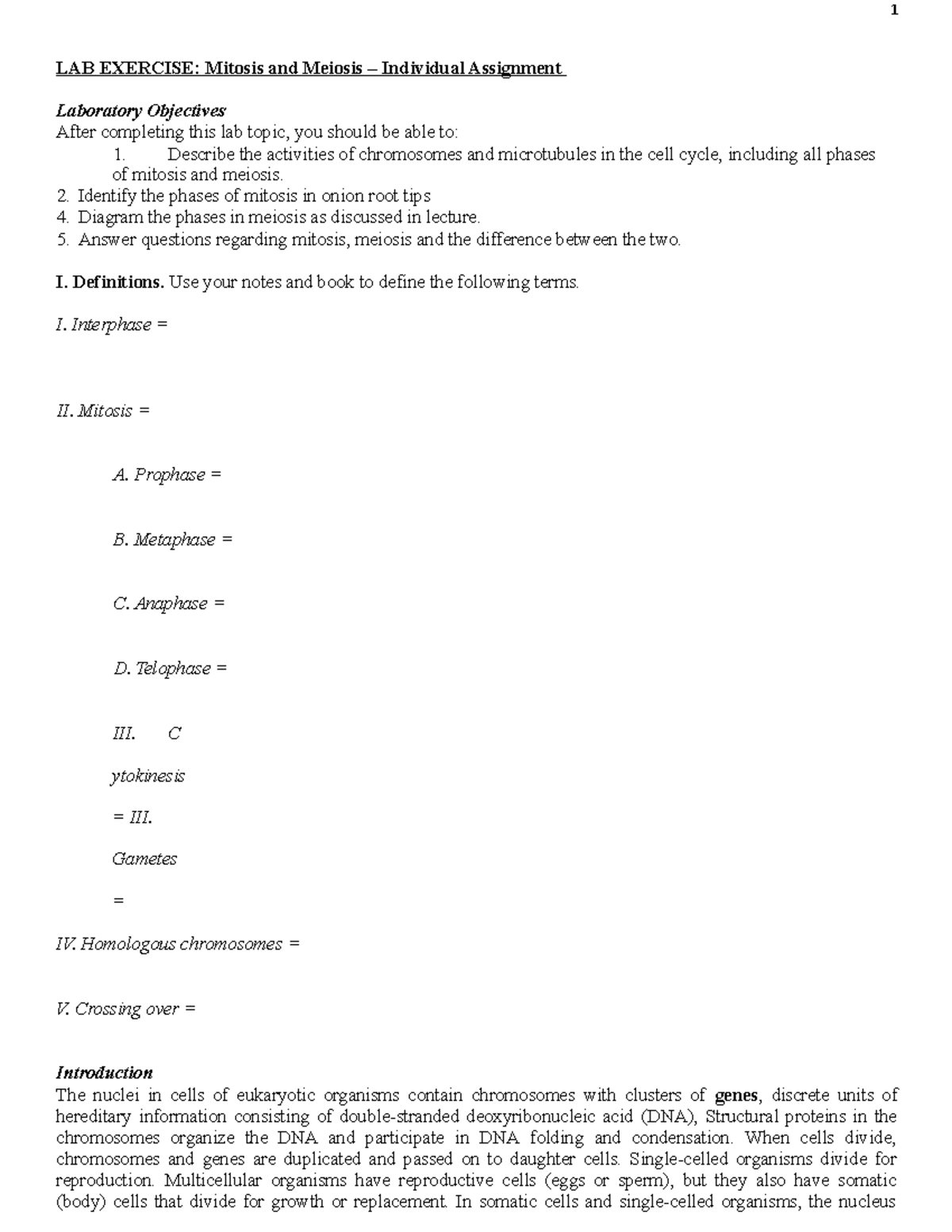 Mitosis and Meiosis Lab Exercise Handout for Biology 101 - Studocu