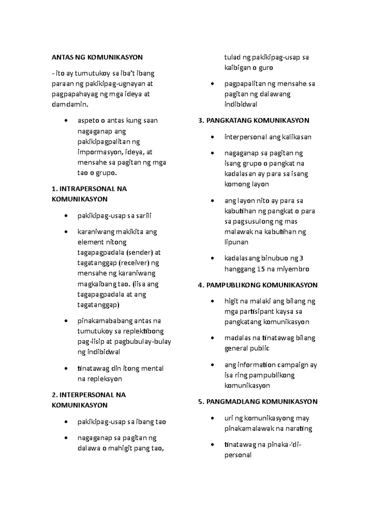 Antas ng Komunikasyon: Isang Komprehensibong Gabay sa Pag-aaral - Studocu