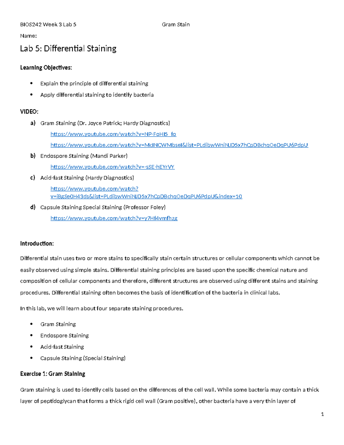 Lab 5: Differential Staining Techniques - Gram Stain & More (Biol 101 ...