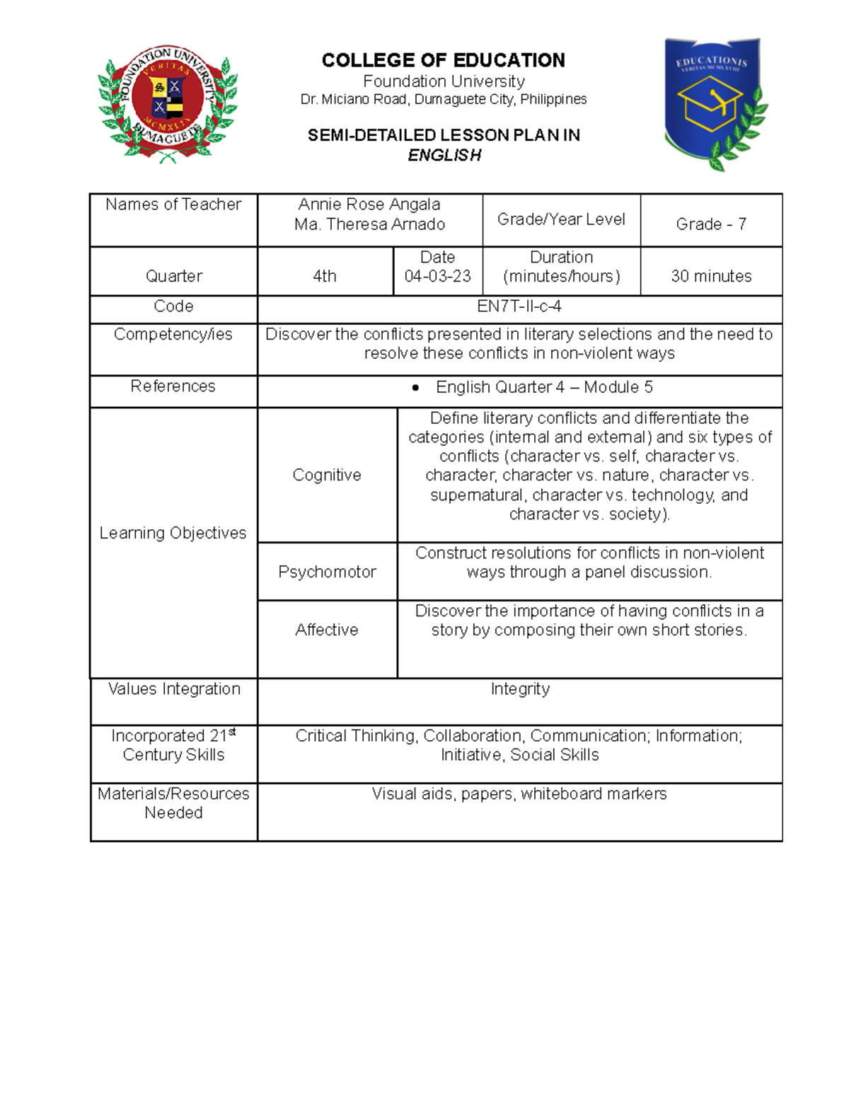 SEMI-DETAILED LESSON PLAN ON LITERARY CONFLICTS - GRADE 7 (EN7T-II-c ...