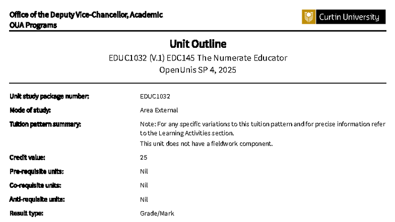 EDUC1032 EDC145 The Numerate Educator Unit Outline SP4 2025 - Studocu