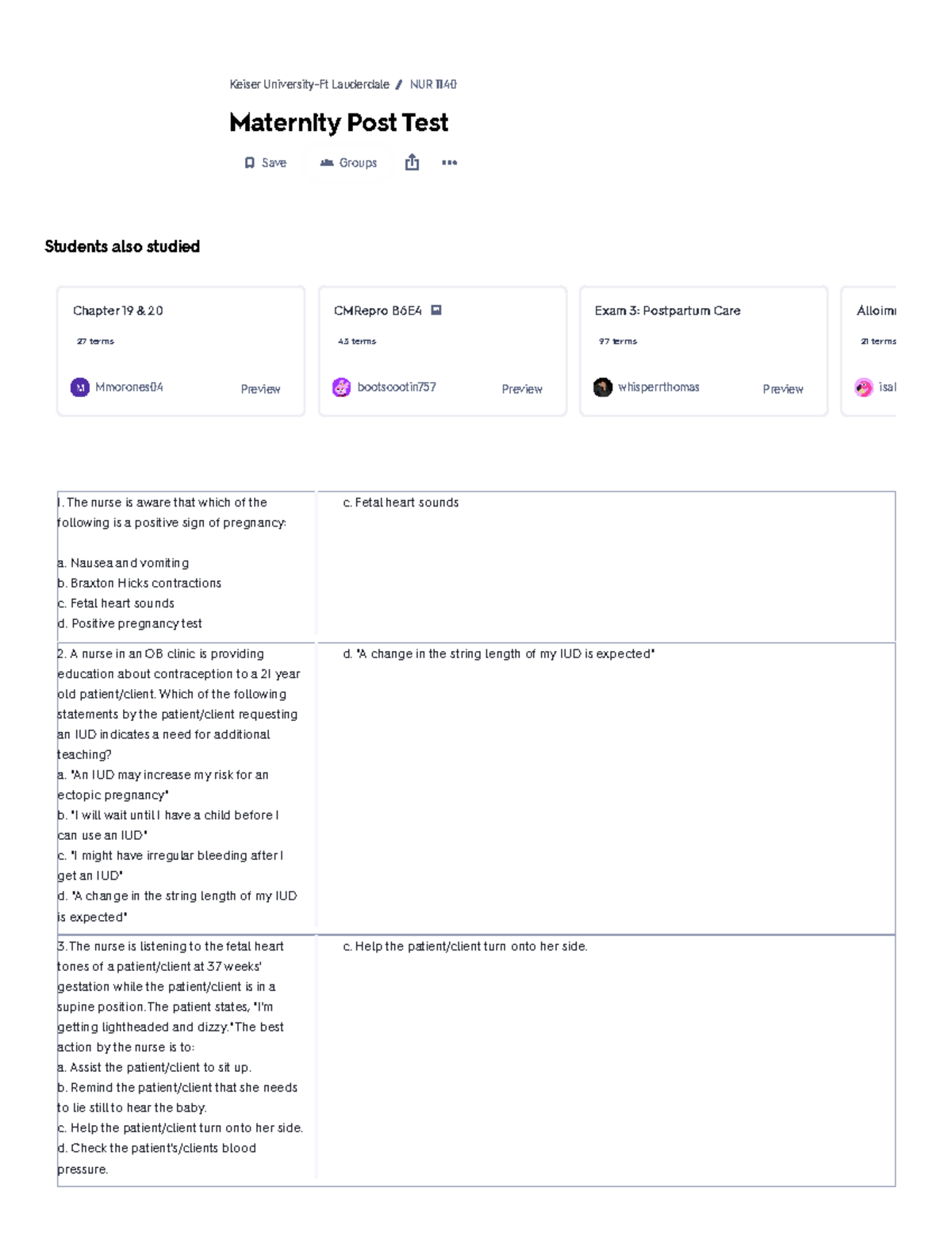 NUR 1140 Maternity Post Test Flashcards: Key Concepts & Terms - Studocu