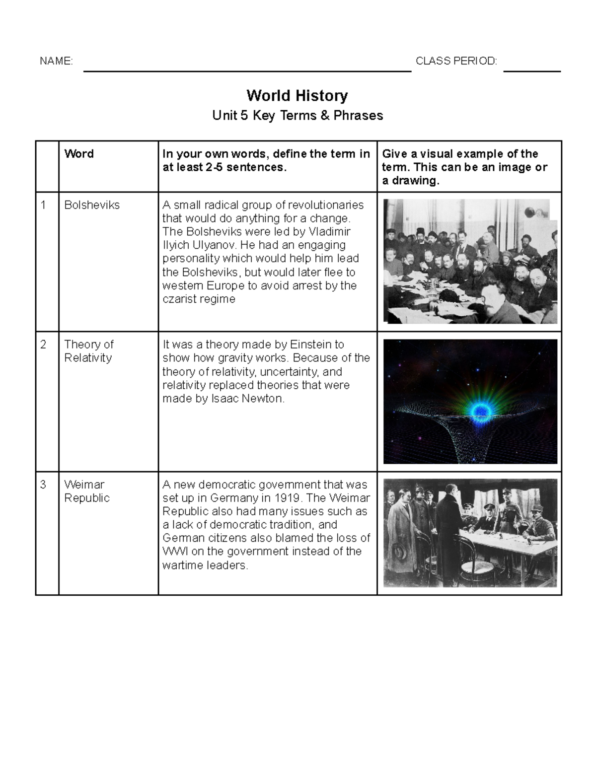 Copy of Unit 5 Key Terms & Phrases - NAME: CLASS PERIOD: World History ...
