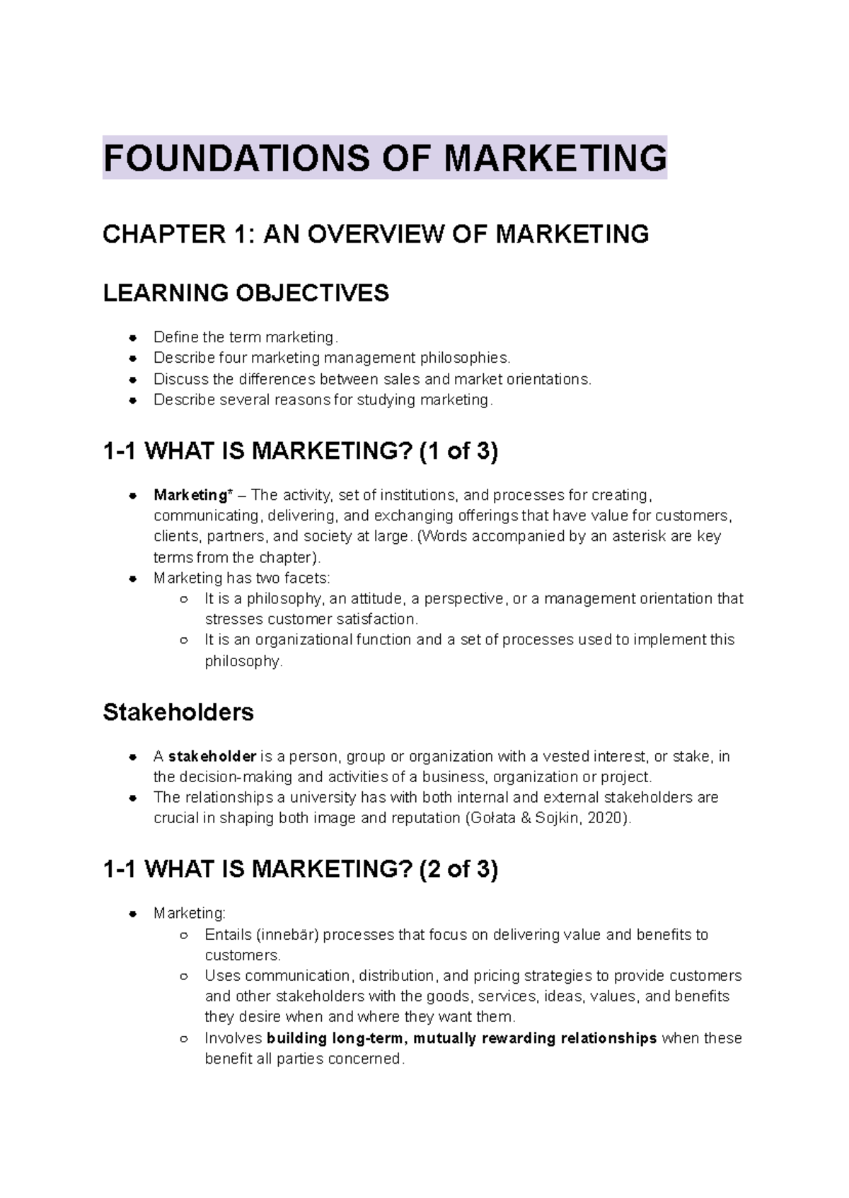 MKTG 101: Foundations of Marketing - Chapter 1 Overview and Key Concepts - Studocu