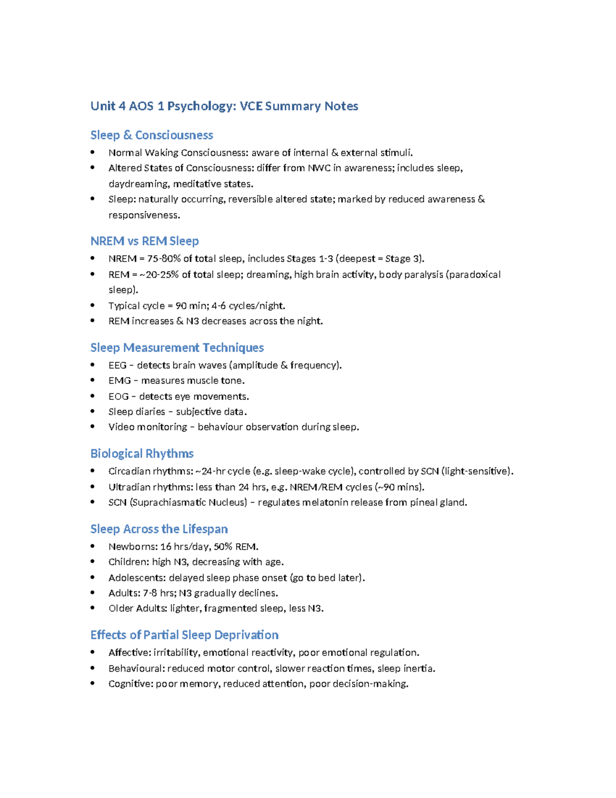 VCE Psych Unit 4 AOS 1 Summary: Sleep & Consciousness Insights - Studocu
