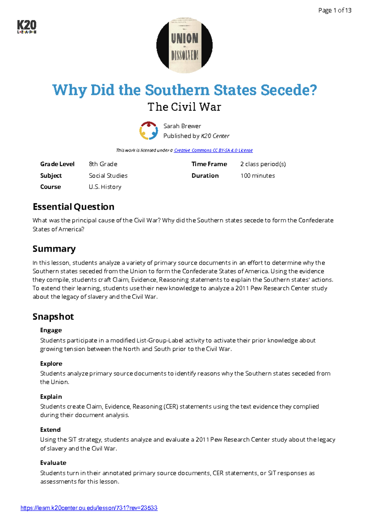 Why-Did-the-Southern-States-Secede - Grade Level 8th Grade Subject ...