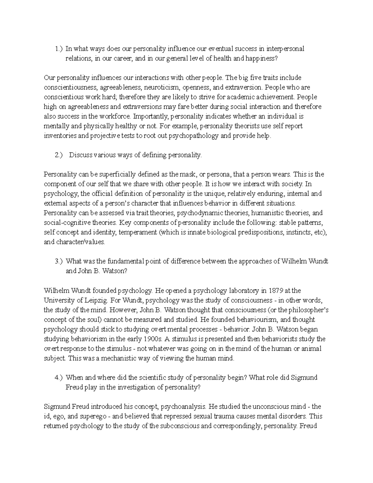 Personality Theories CH1 Questions: Influence on Success & Health - Studocu