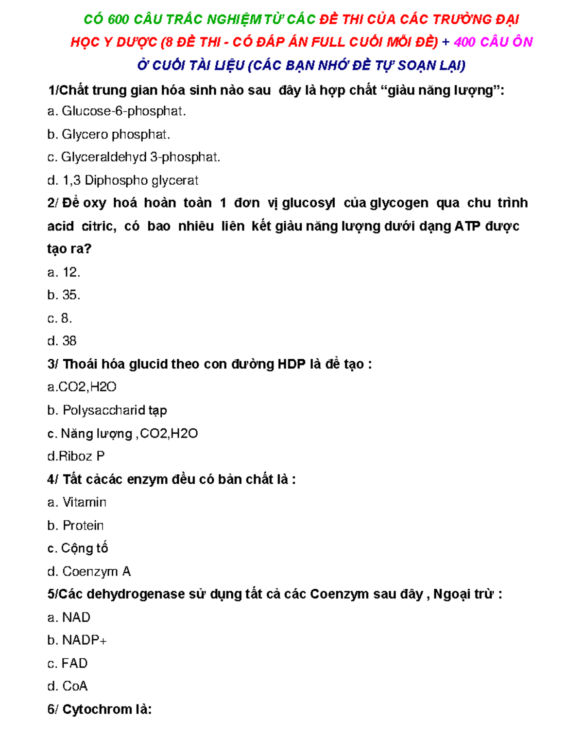 Câu hỏi trắc nghiệm hoá sinh cho sinh viên Y Dược (600 câu) - Studocu