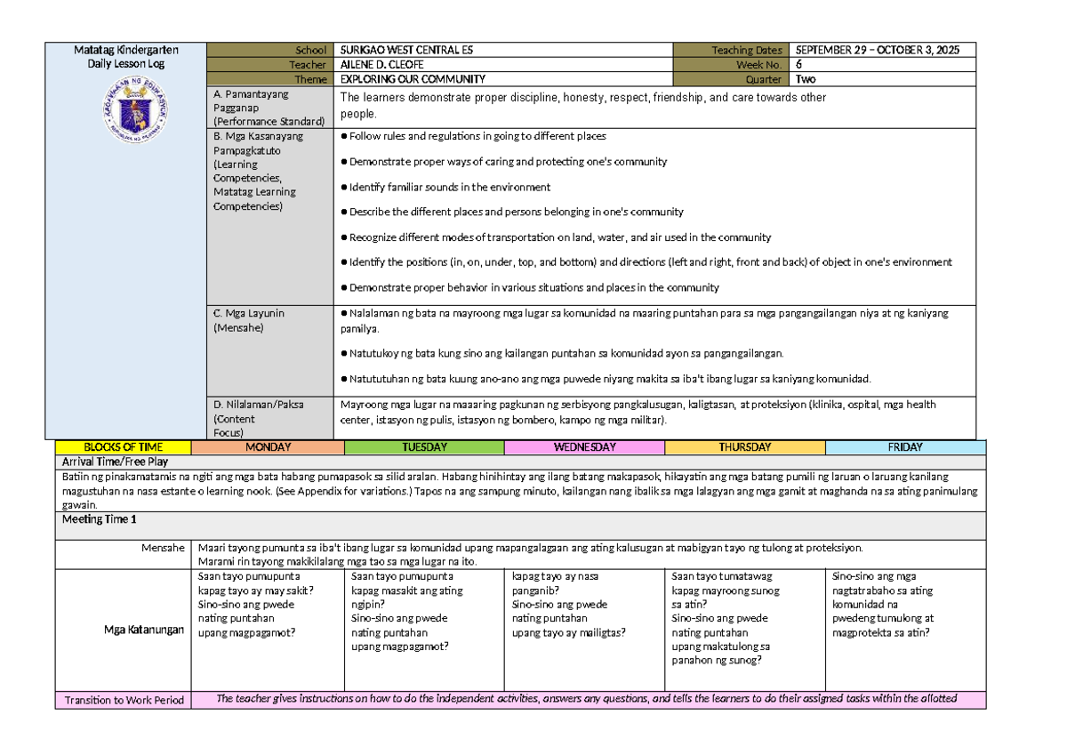 Q2-Week 6 Daily Lesson Log for Kindergarten: Exploring Our Community ...